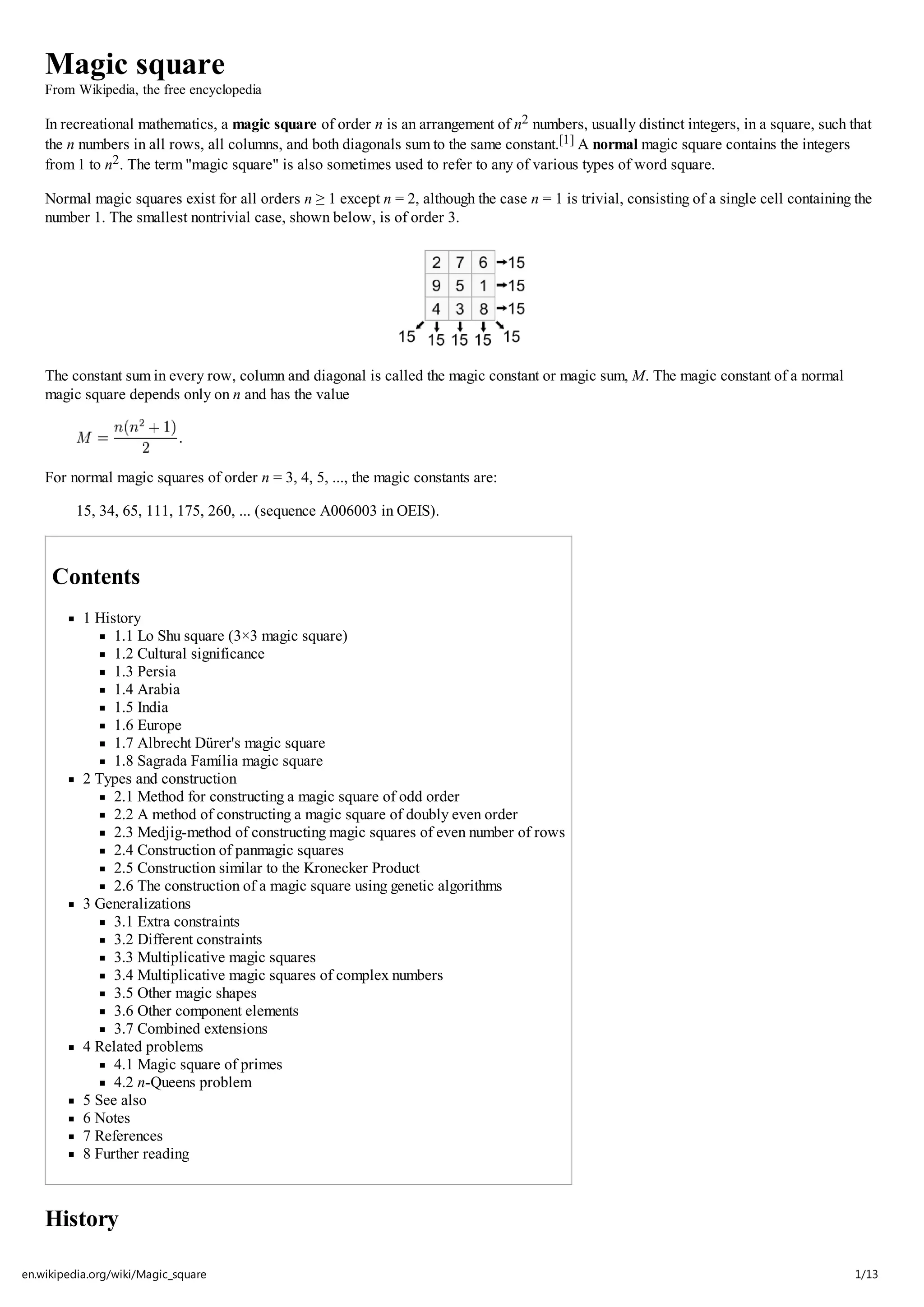Magic square wikipedia, the free encyclopedia | PDF