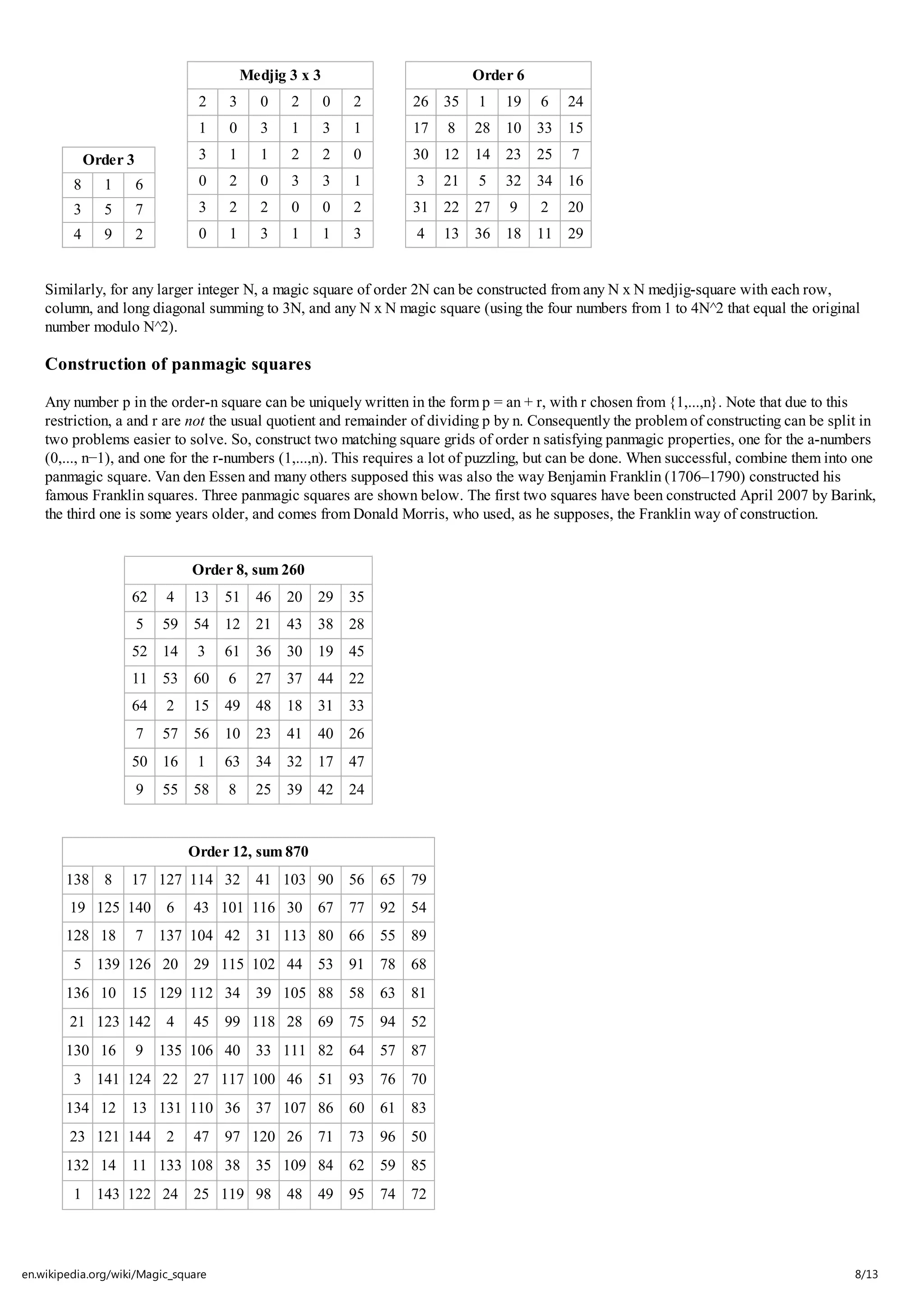 Magic square wikipedia, the free encyclopedia | PDF