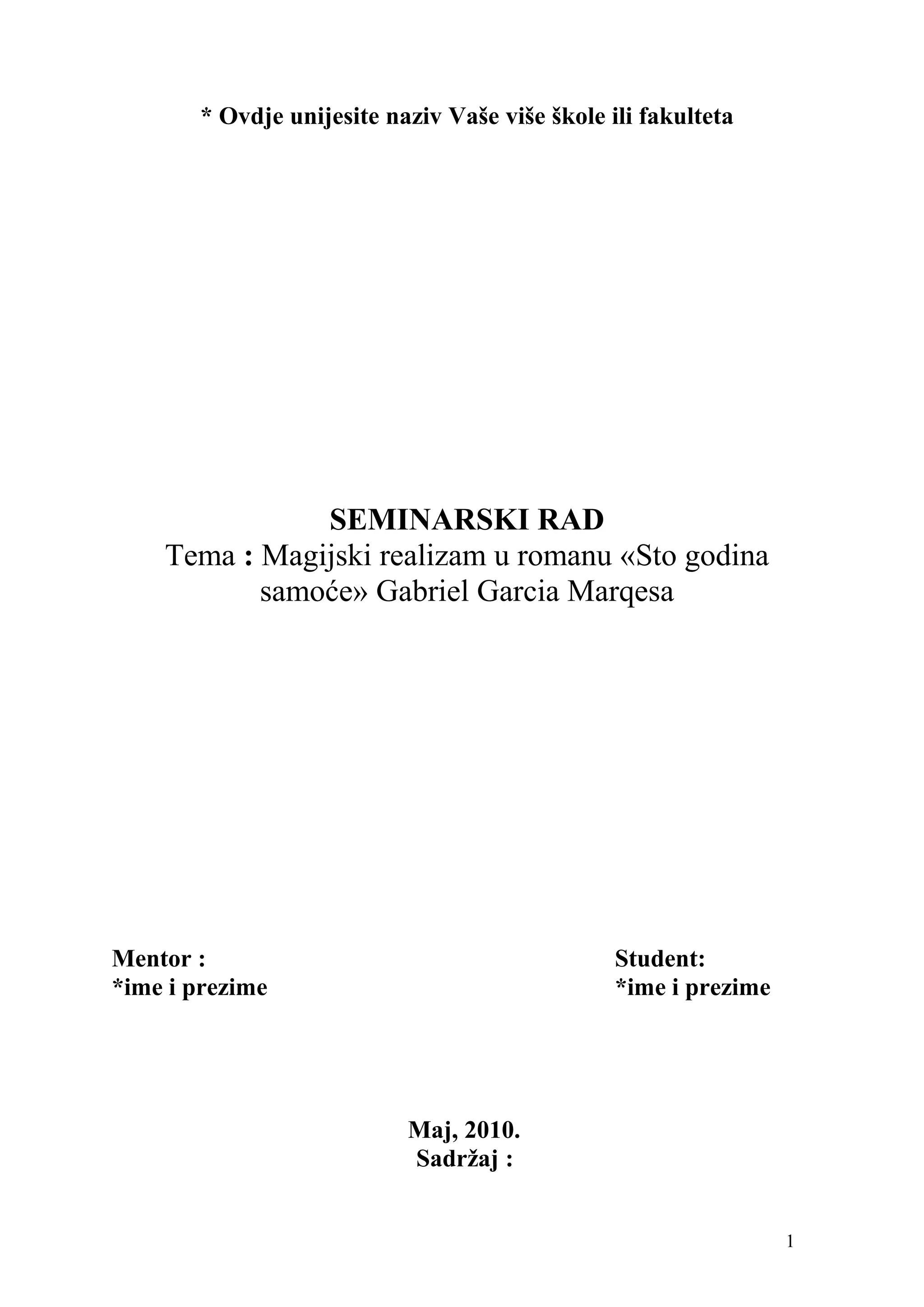 Magijski realizam u romanu sto godina samoce gabriel garcia marqesa | DOC