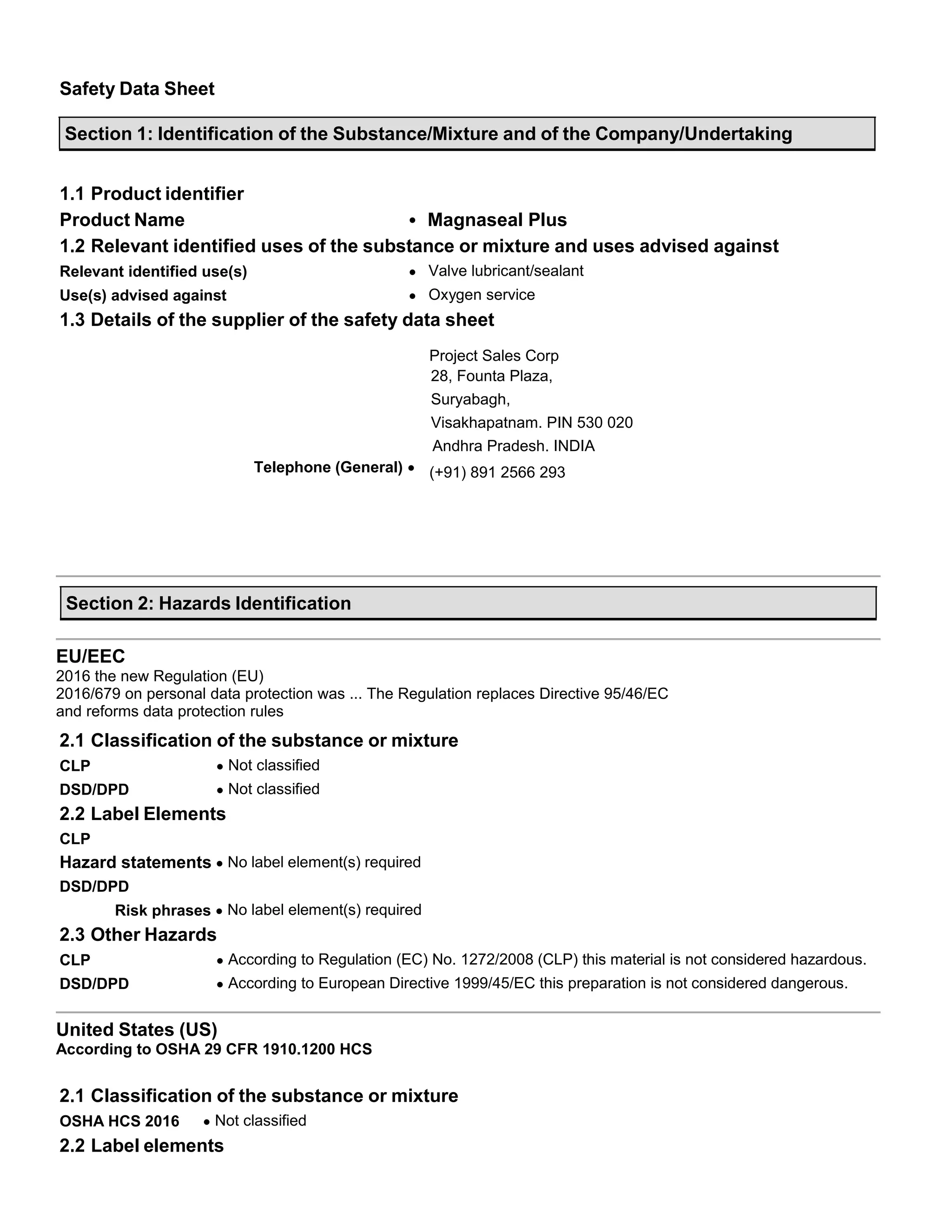 Magnaseal Plus MSP-40 MSDS - Project Sales Corp | PDF