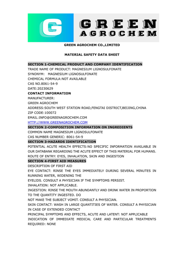 Magnesium lignosulfonate msds | PDF
