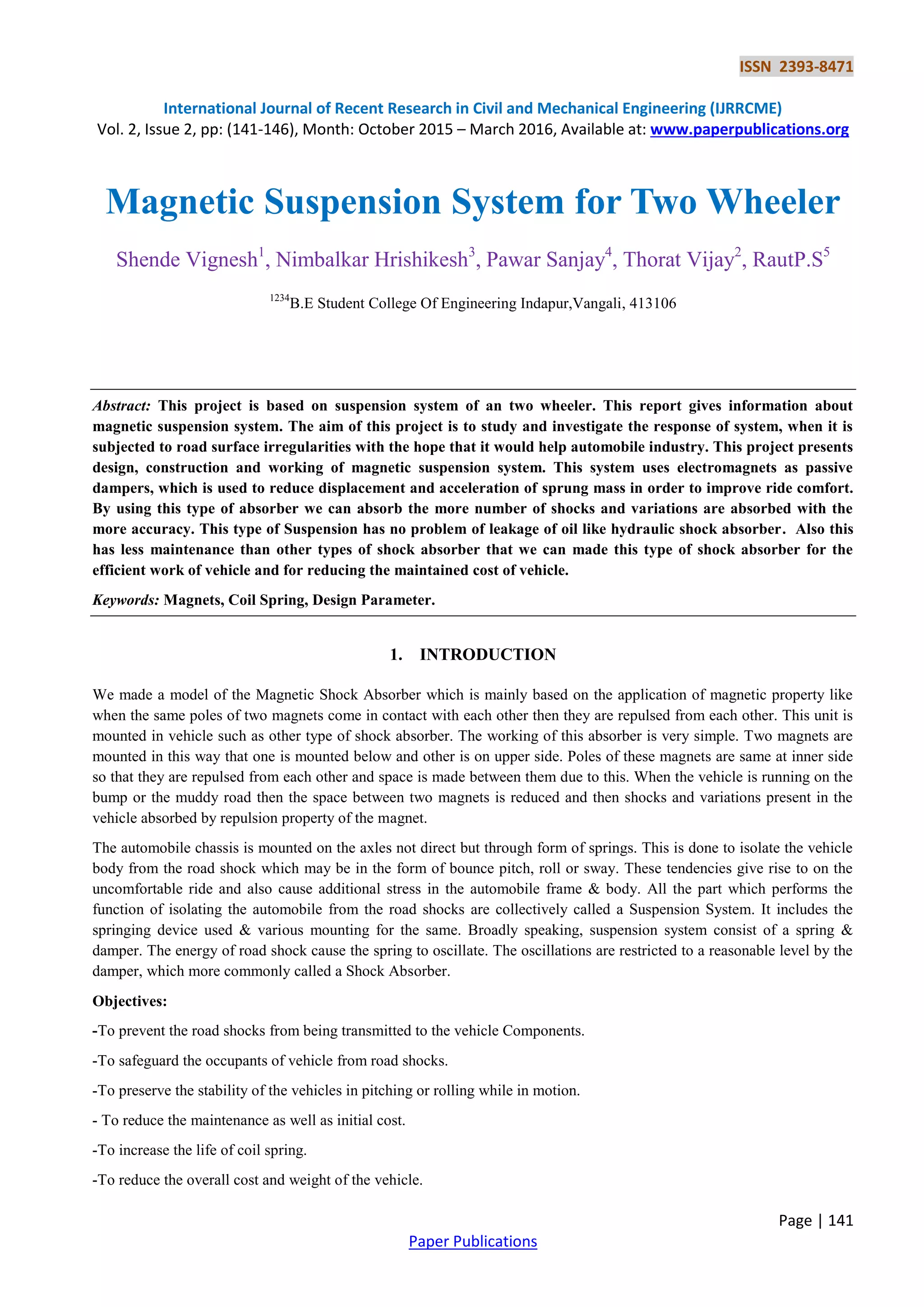 Magnetic Suspension System for Two Wheeler | PDF