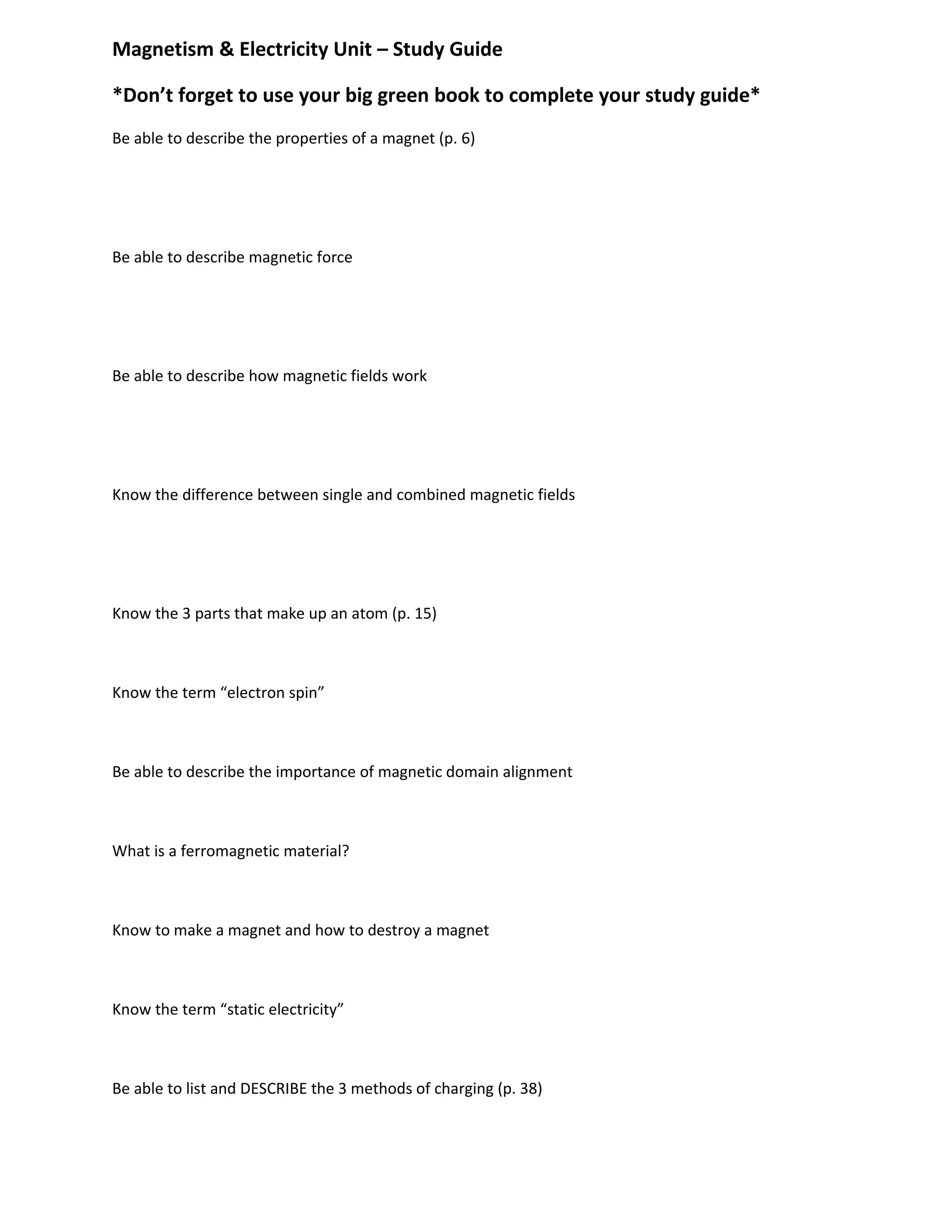 Magnetism Study Guide | DOC | Physics | Science