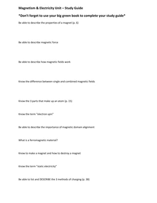 Magnetism Study Guide | DOC | Physics | Science