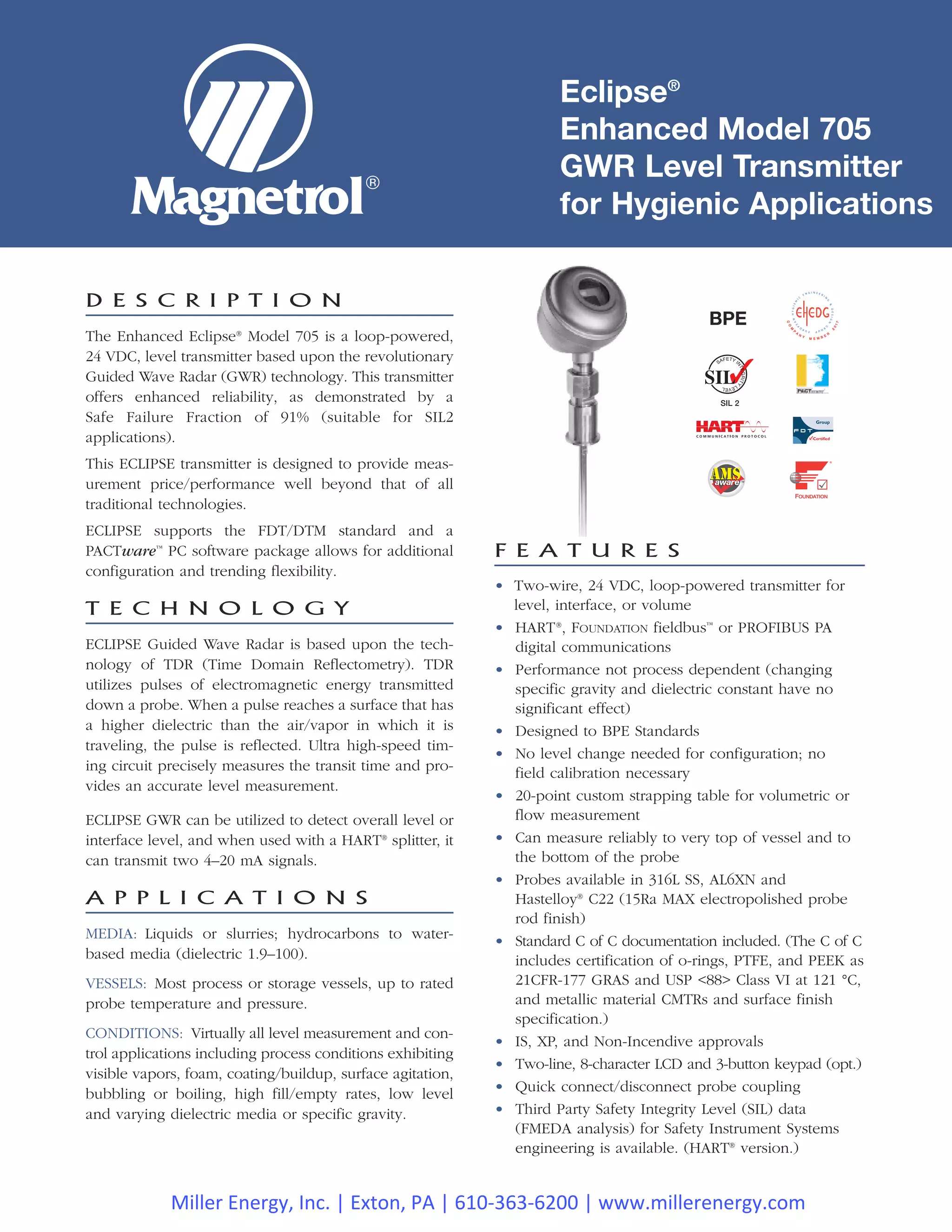 Magnetrol Guide Wave Radar Level Transmitter For Hygienic Applications ...