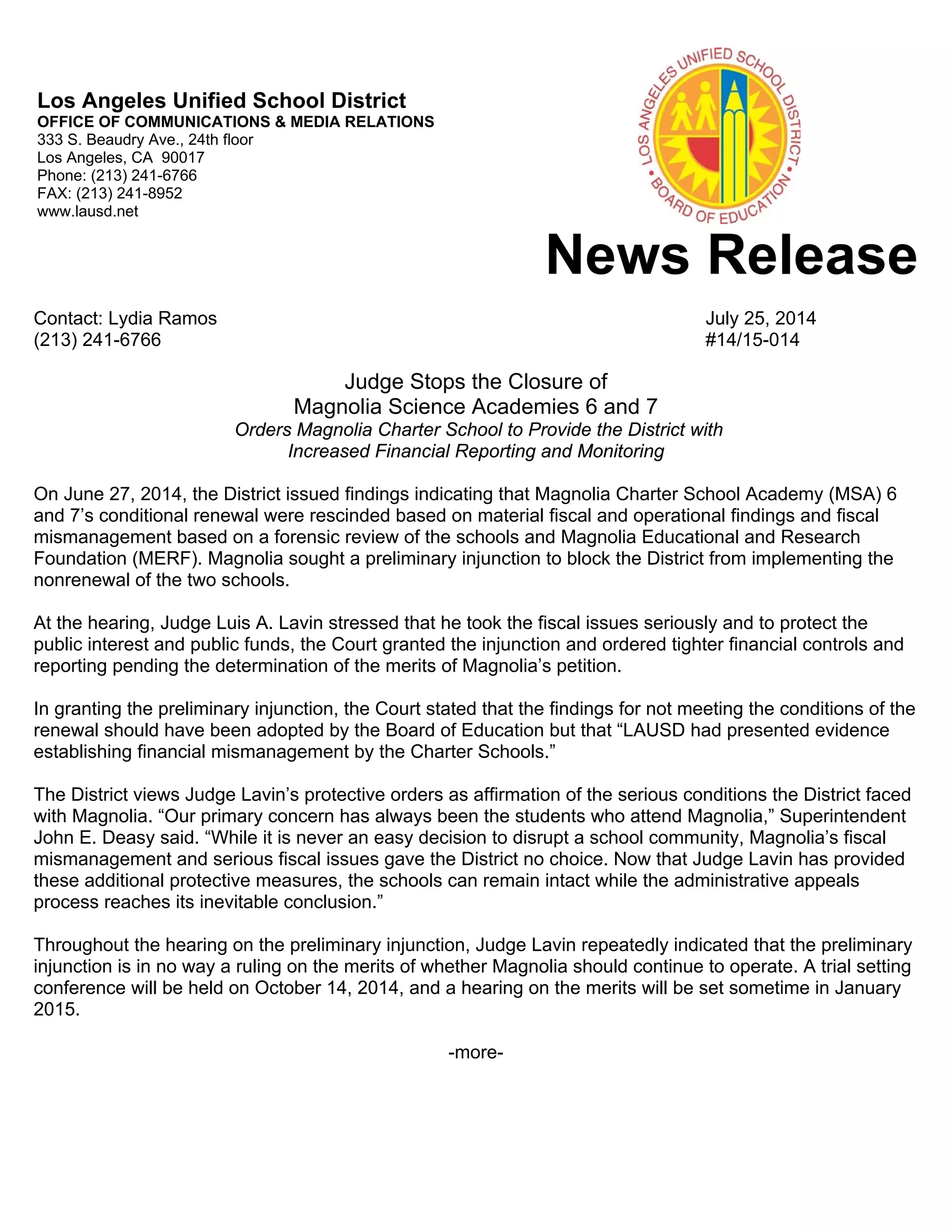 Magnolia Science Academy 2014 statement from LAUSD | PDF