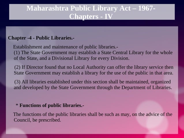 Salient Feature of Maharashtra Public Library Act 1967 | PPT