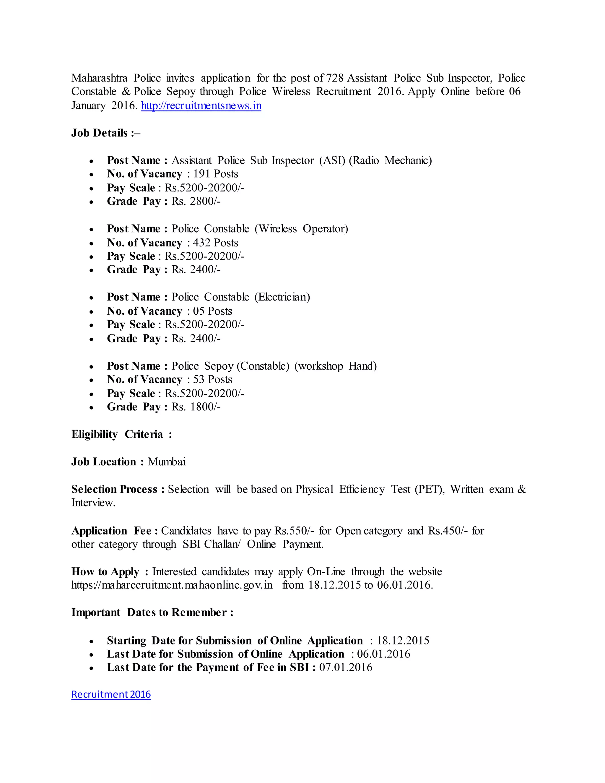 Maharashtra police recruitment news 2016 | PDF