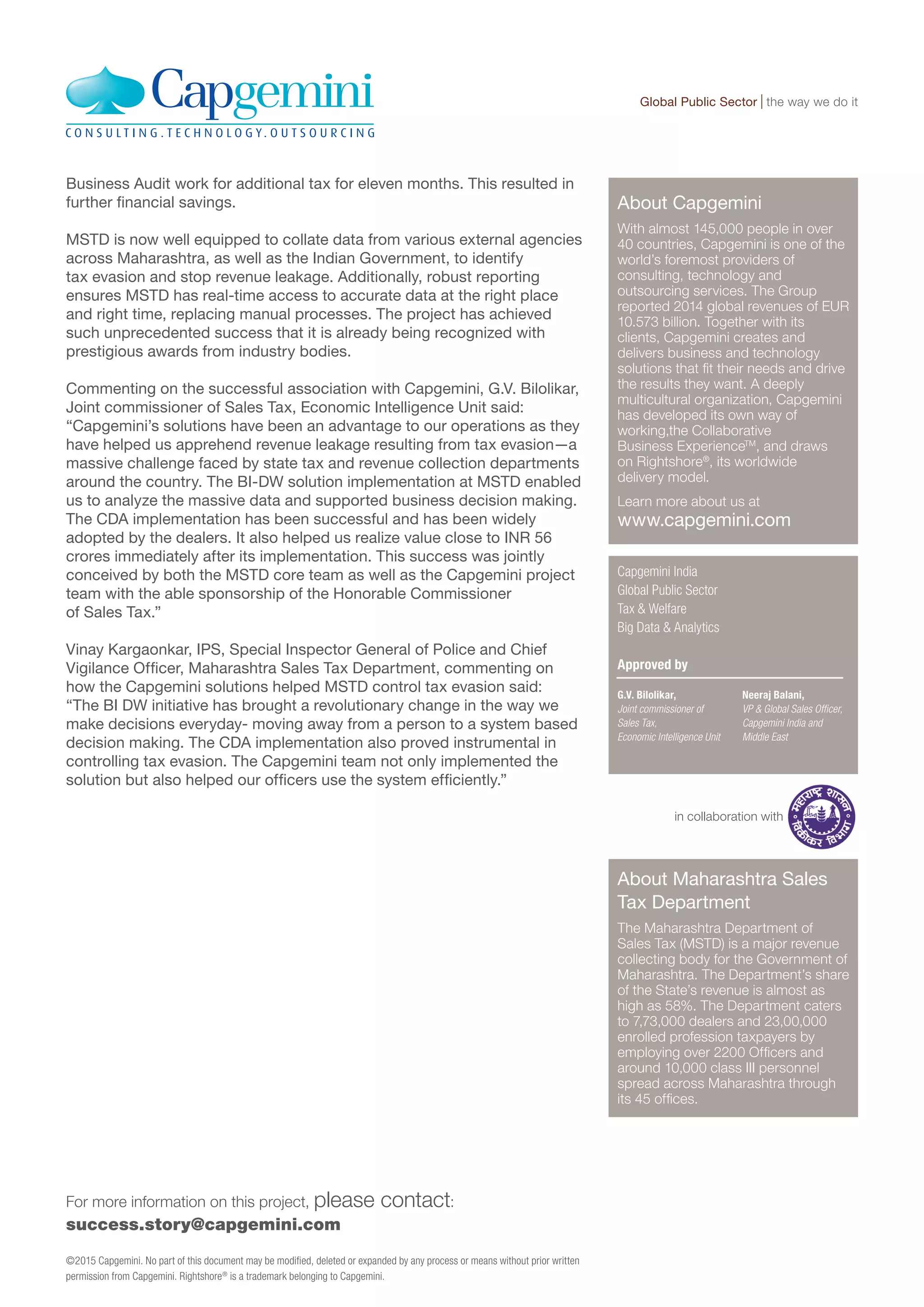 Capgemini LBS- MSTD joins hands with Capgemini for Tax Reporting and Data Warehousing Solutions ...