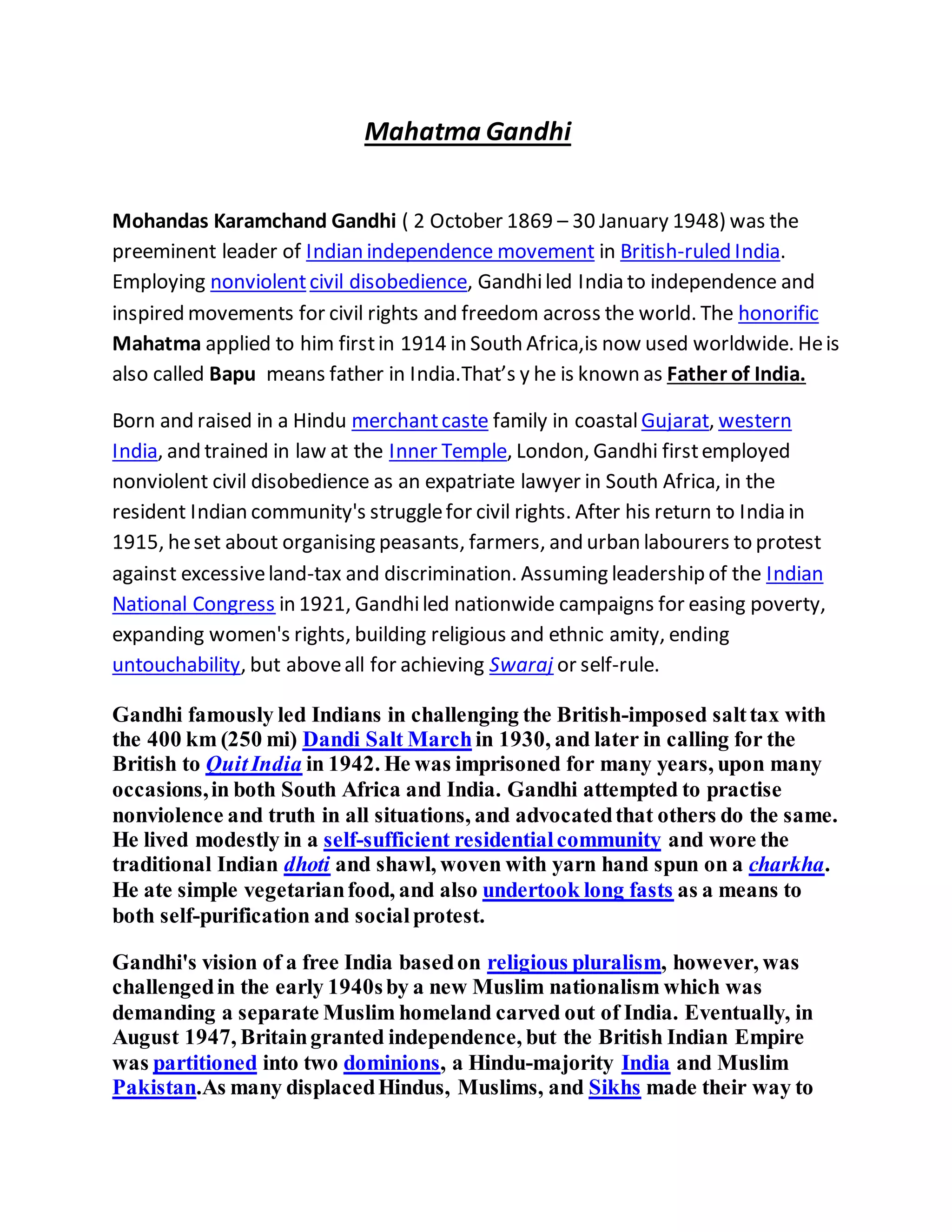 Biography of Mahatma Gandhi | DOCX