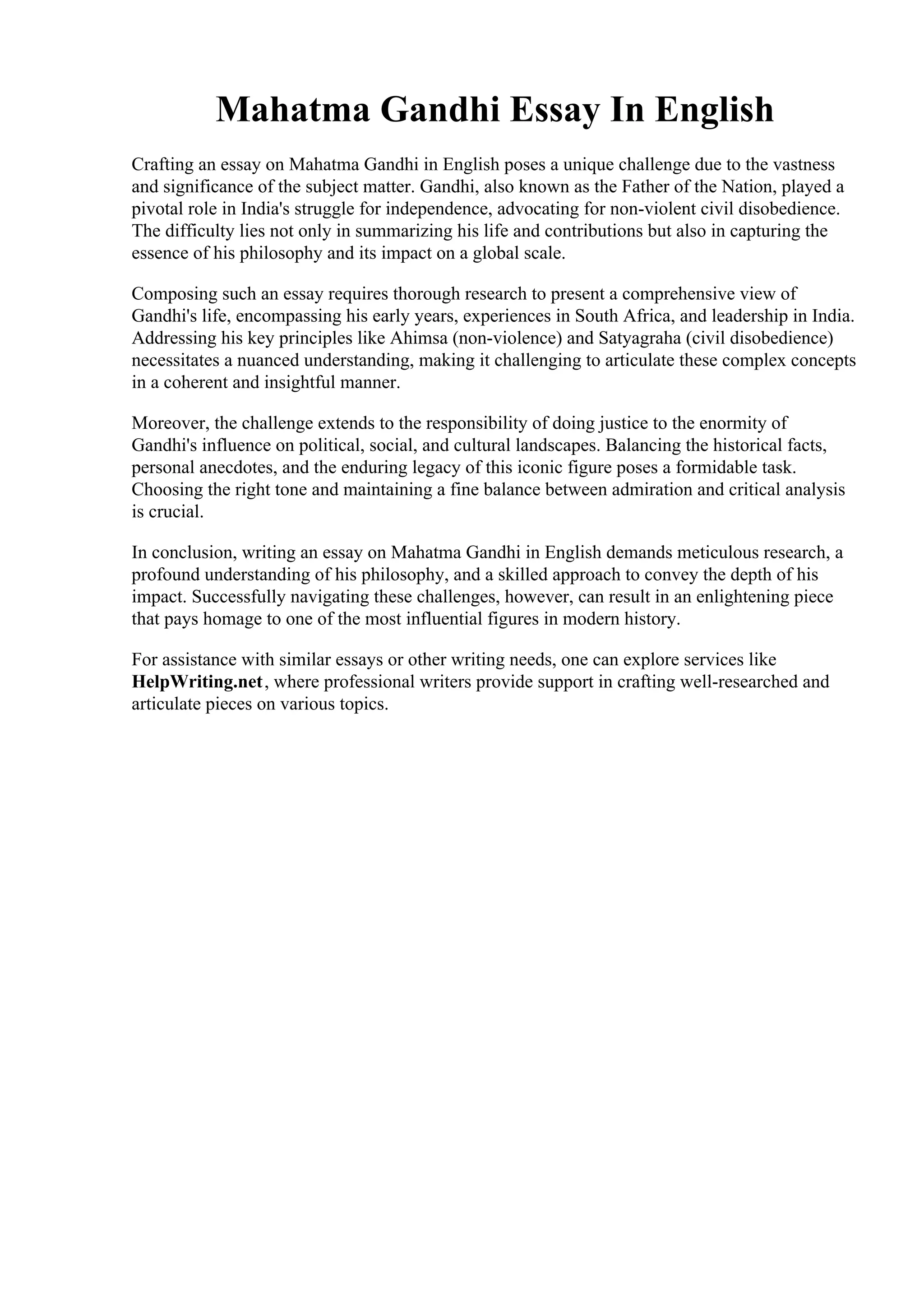 Mahatma Gandhi Essay In English.pdfMahatma Gandhi Essay In English | PDF