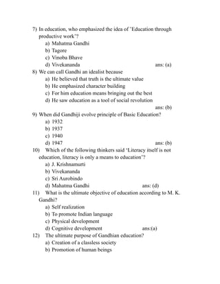 Contributions of Mahatma gandhi towards education mcq | PDF | Hinduism ...