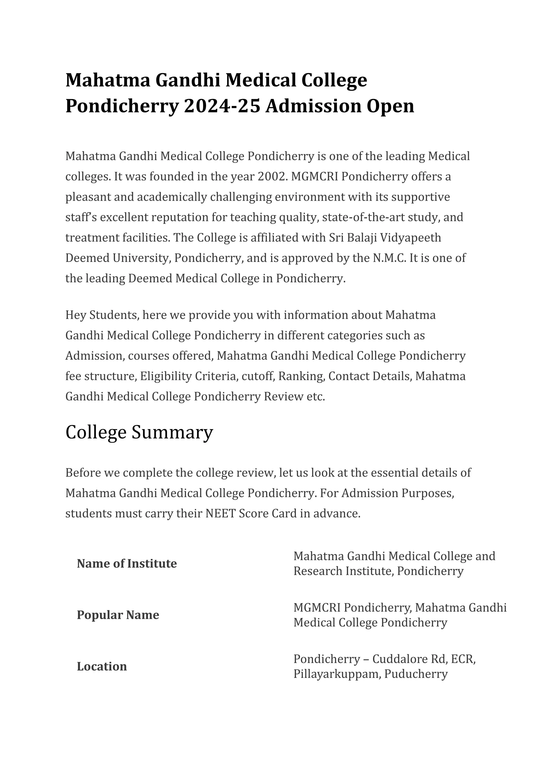 Mahatma Gandhi Medical College Pondicherry 2024 Admission Open | DOCX