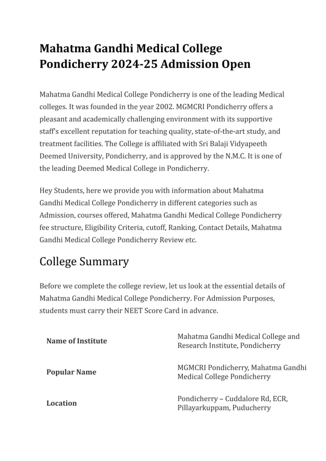 Mahatma Gandhi Medical College Pondicherry 2024 Admission Open | DOCX