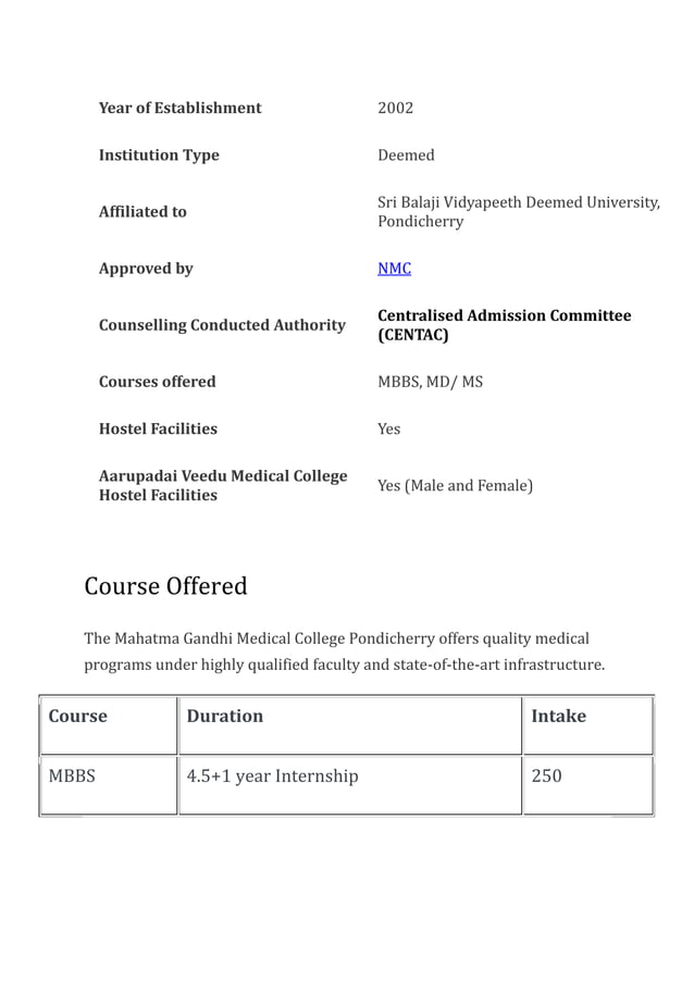 Mahatma Gandhi Medical College Pondicherry 2024 Admission Open | DOCX