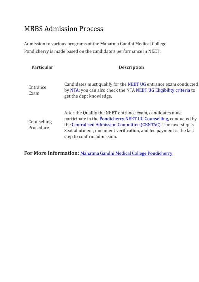 Mahatma Gandhi Medical College Pondicherry 2024 Admission Open | DOCX