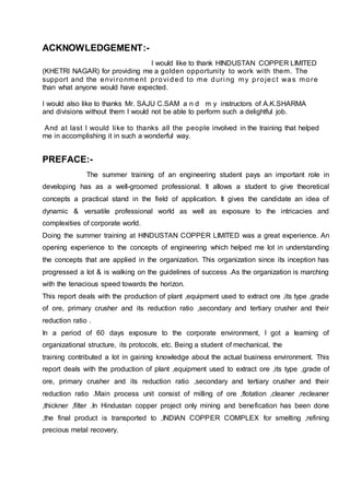 training report at hindustan copper limited | DOCX