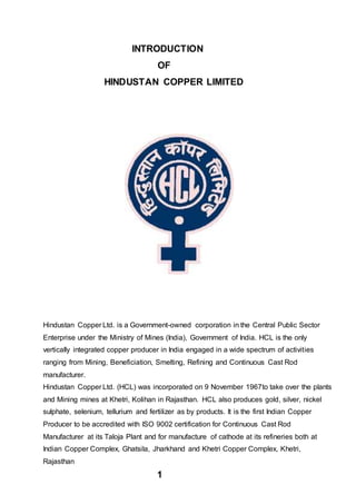 training report at hindustan copper limited | DOCX