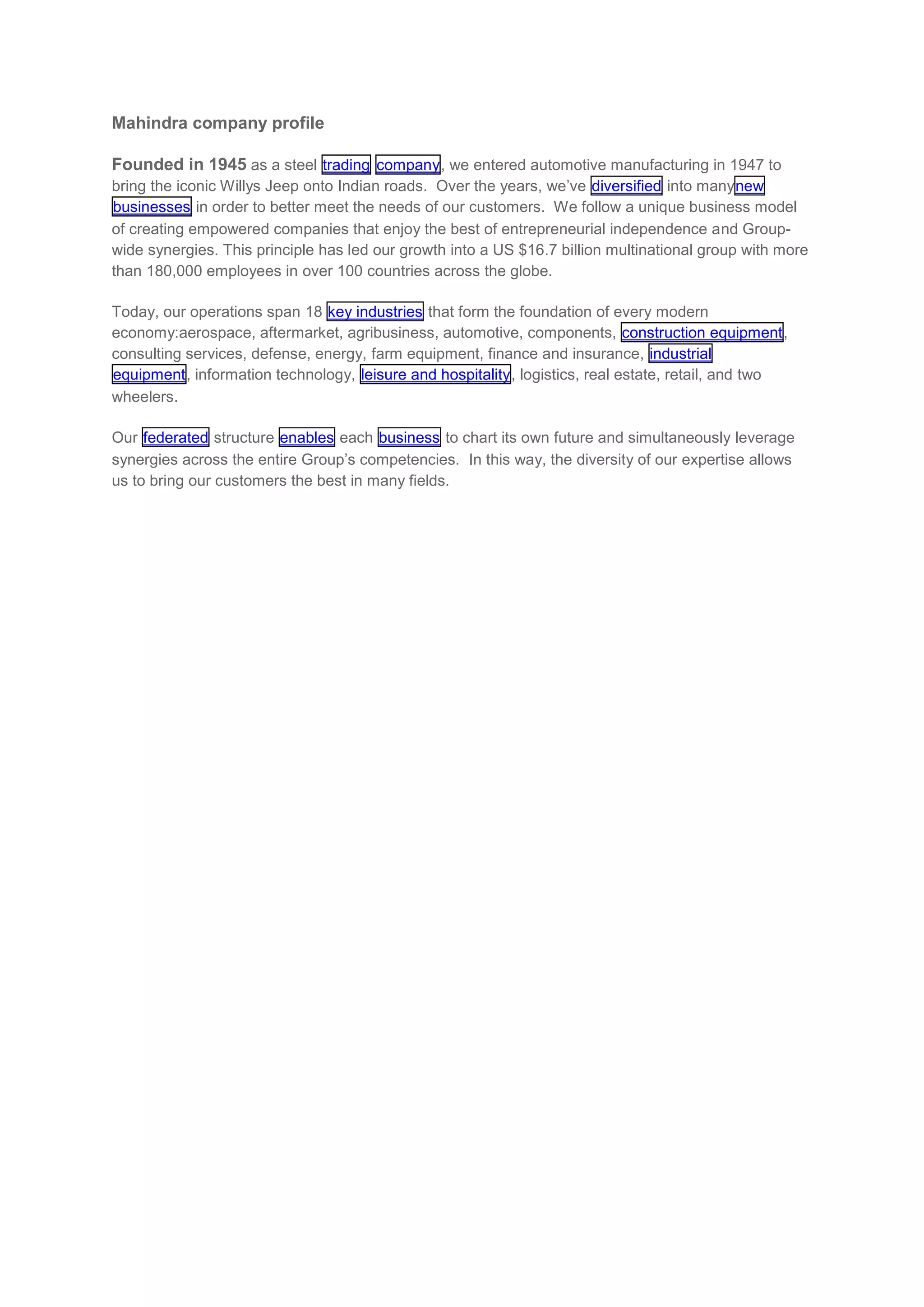 Mahindra company profile | DOCX