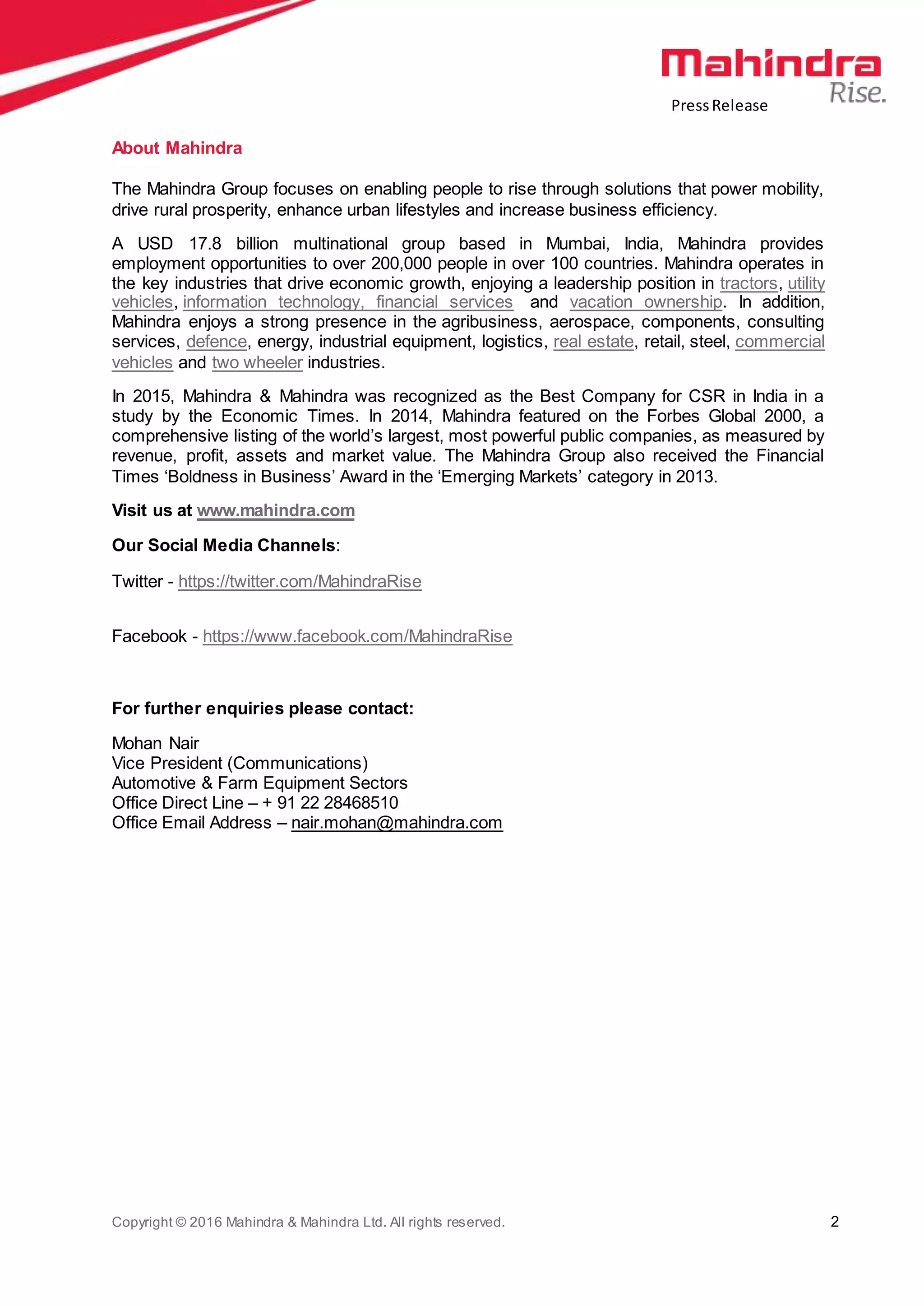 Mahindra buys Jawa, BSA - Press Release | DOCX | Business | Business and Finance