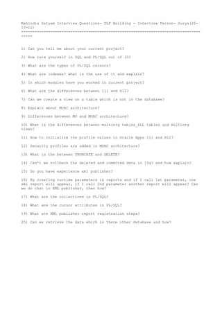 Mahindra satyam interview questions | TXT | Databases | Computer ...