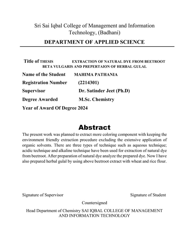 Extraction Of Natural Dye From Beetroot (Beta Vulgaris) And Preparation ...