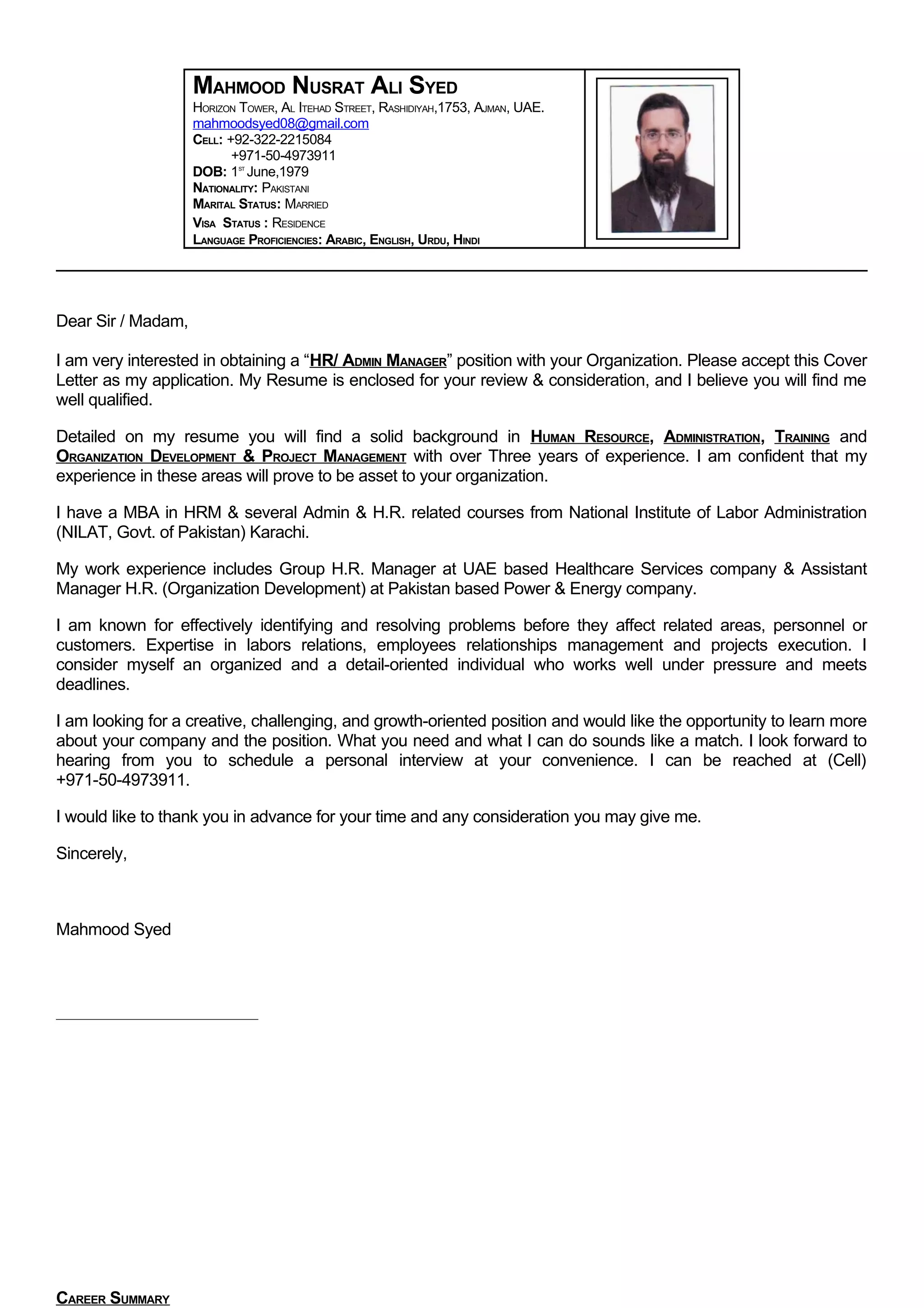 Mahmood Syed Cover Letter And Resume | DOC