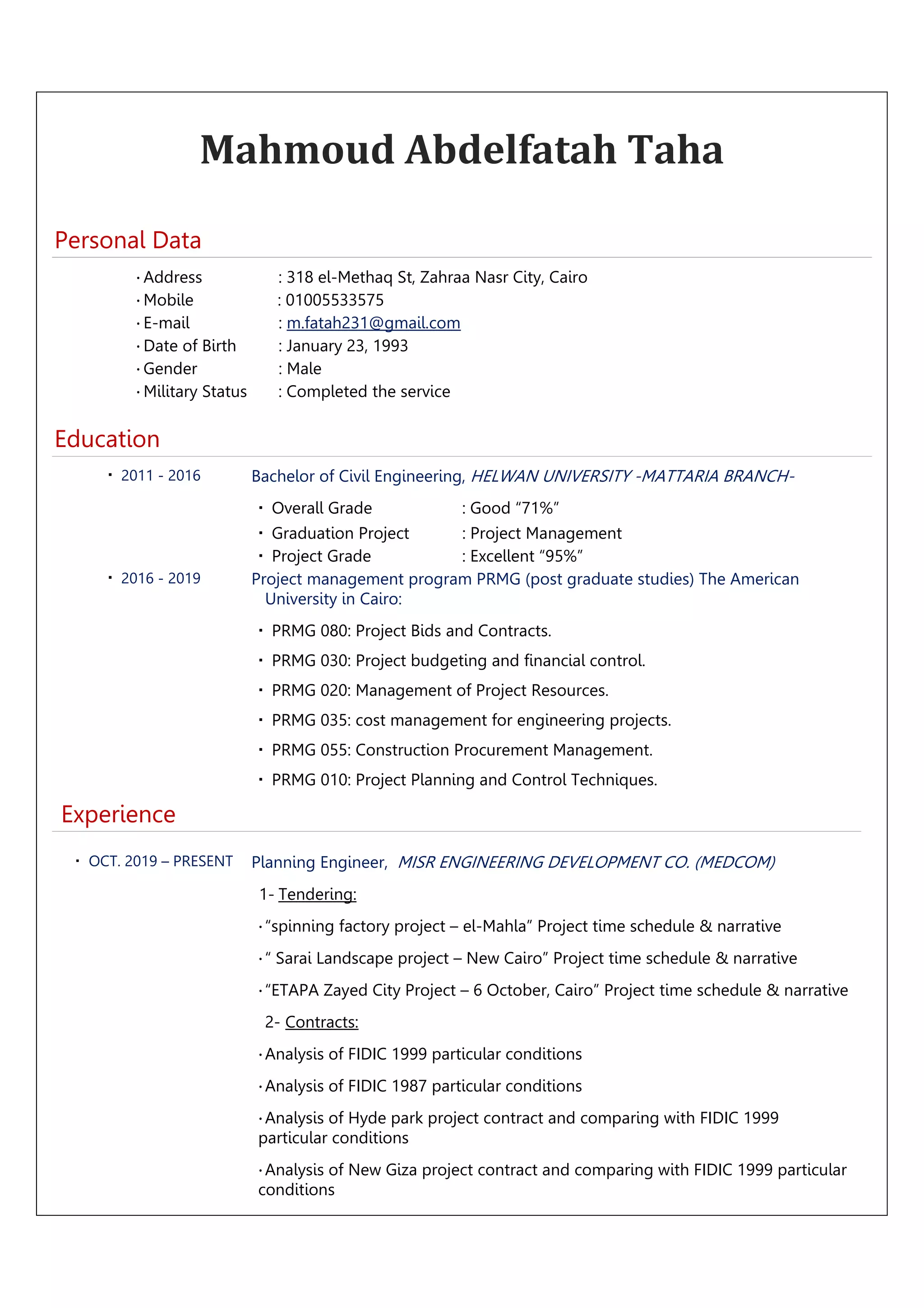 Mahmoud abdelfatah taha cv | PDF