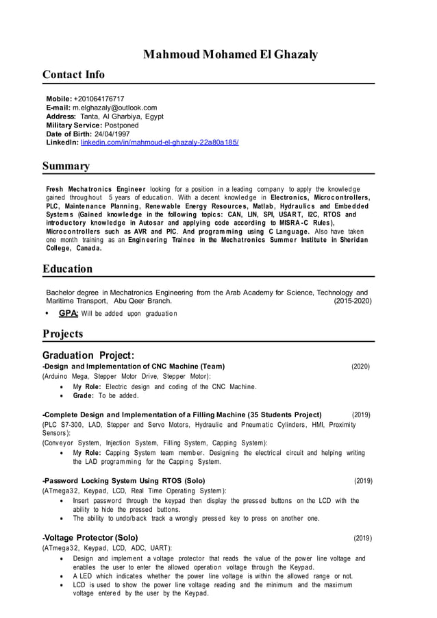 Mahmoud el ghazaly mechatronics cv | PDF