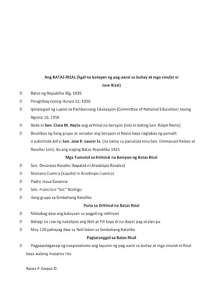 BATAS RIZAL AT MAIKLING TALAMBUHAY NI RIZAL | DOCX
