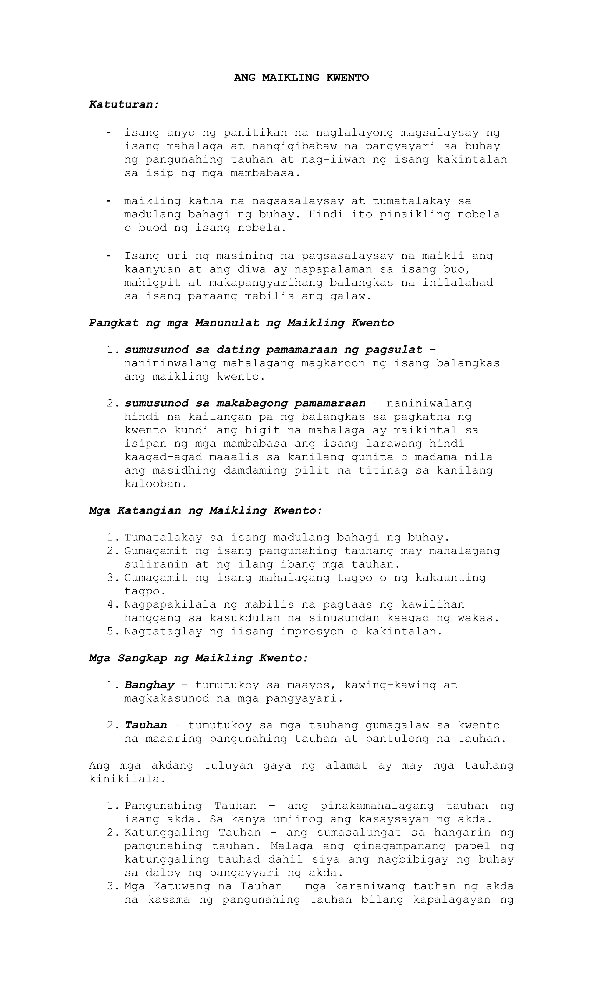 Maikling kuwento Handout | DOC