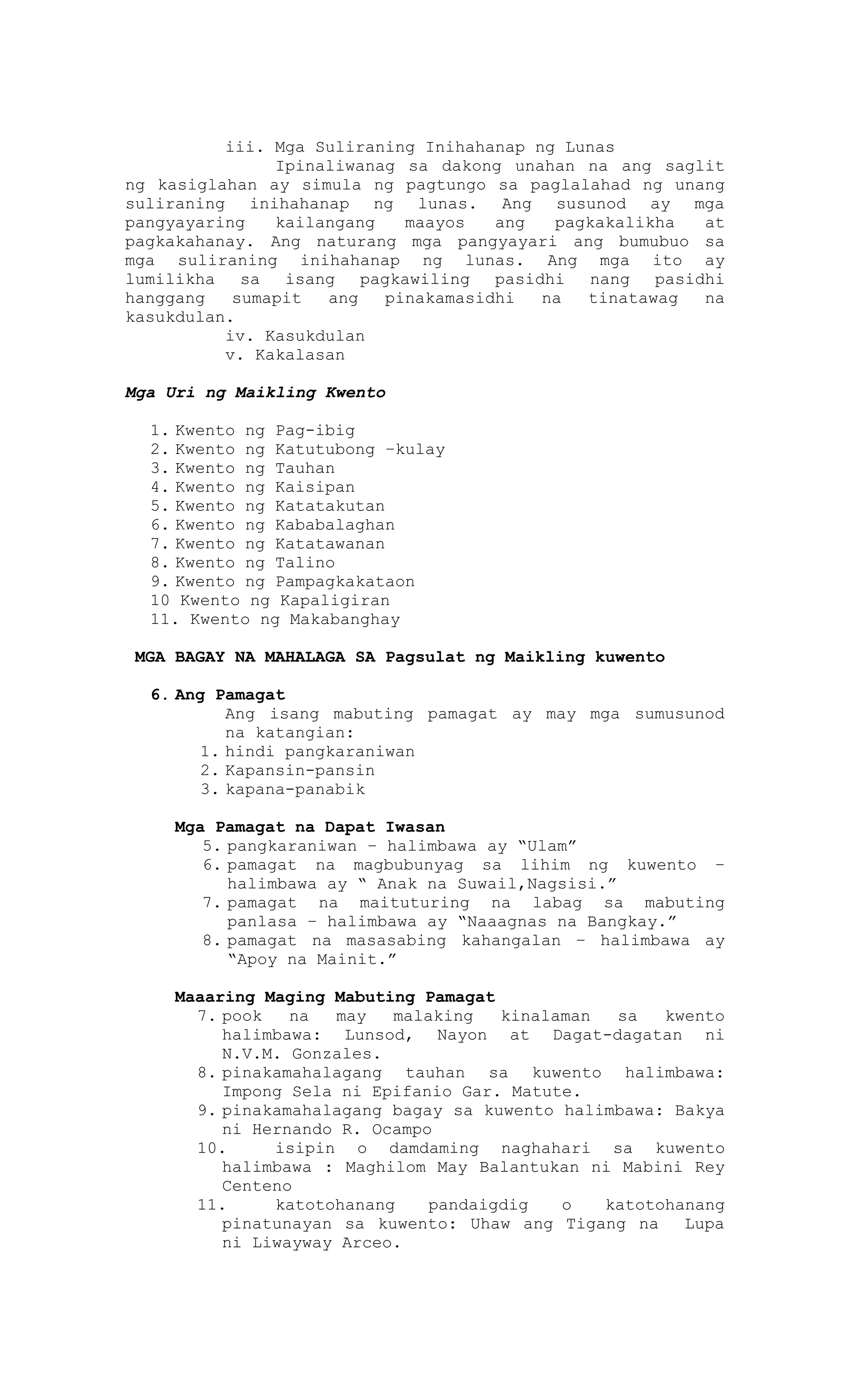 Maikling kuwento Handout | DOC