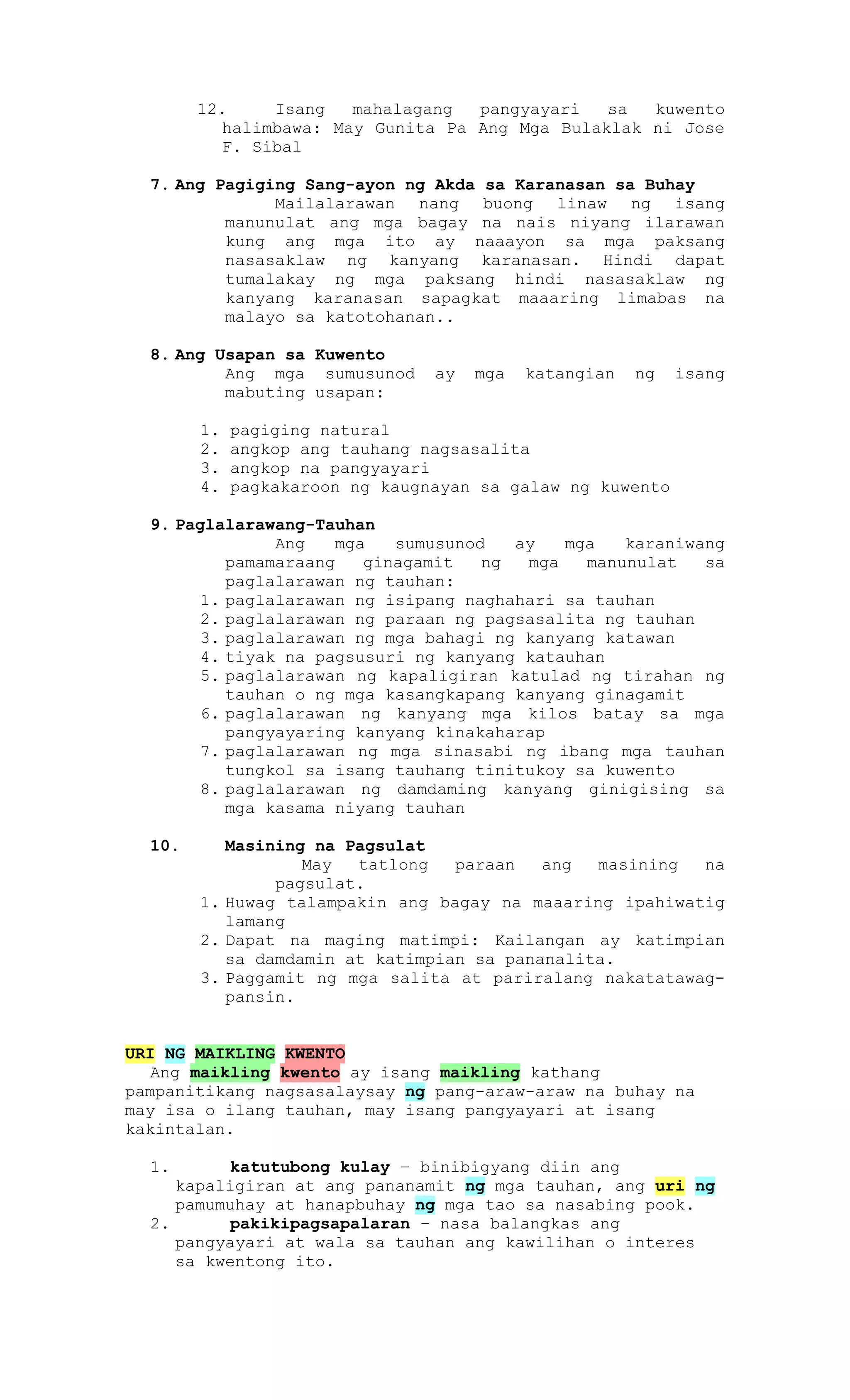 Maikling kuwento Handout | DOC