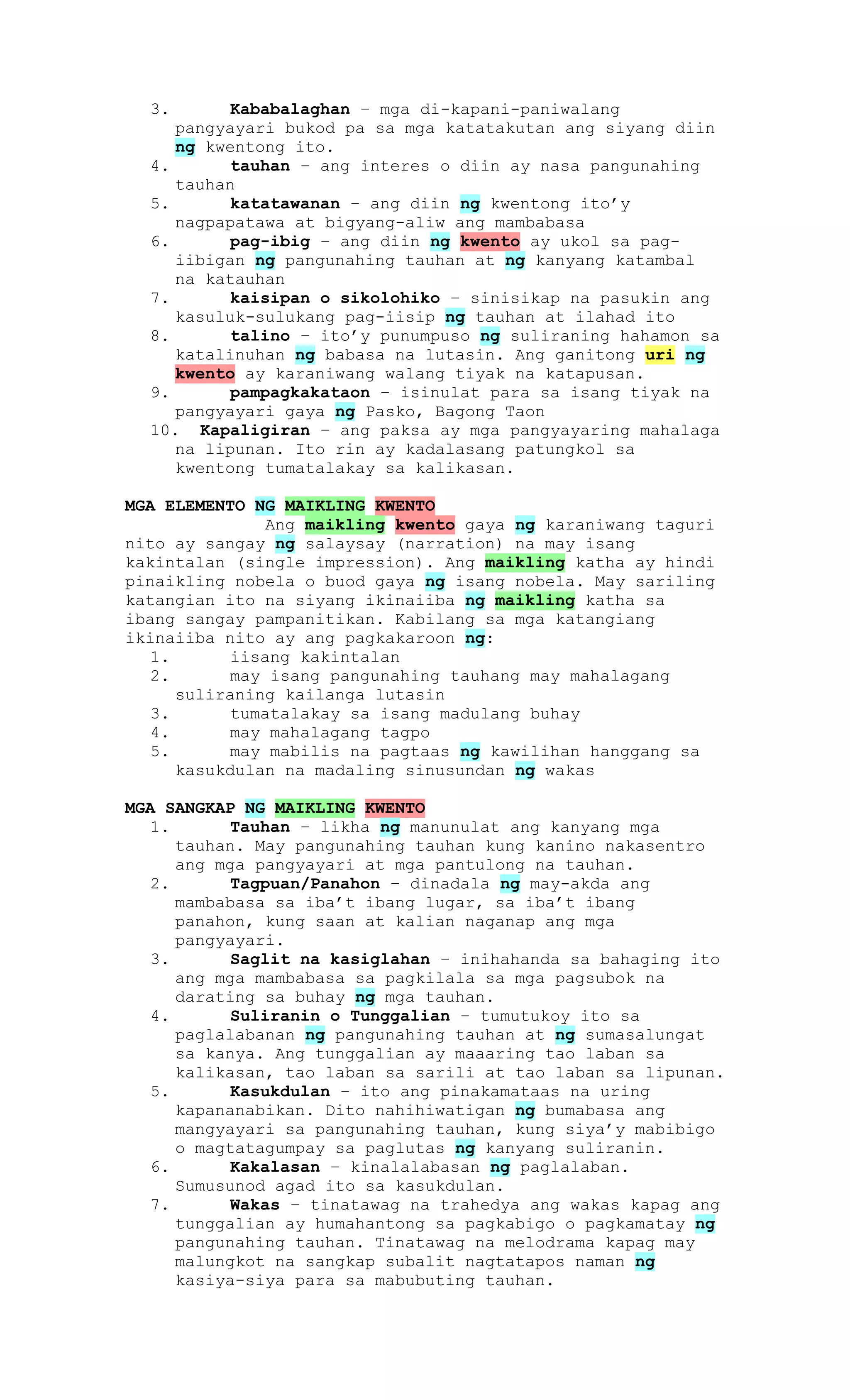 Maikling kuwento Handout | DOC