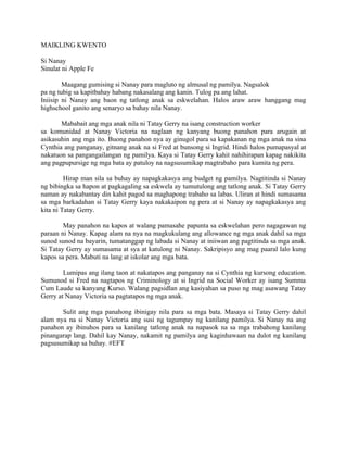MAIKLING KWENTO Si Nanay Sinulat ni Apple Fe | DOCX