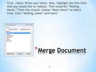 Mail merge define and process on mail merge and REVIEW TAB | PPT