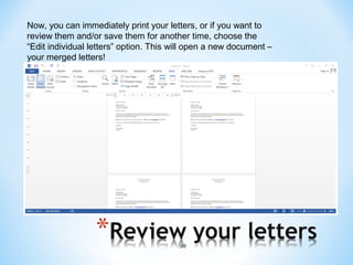 Mail merge define and process on mail merge and REVIEW TAB | PPT