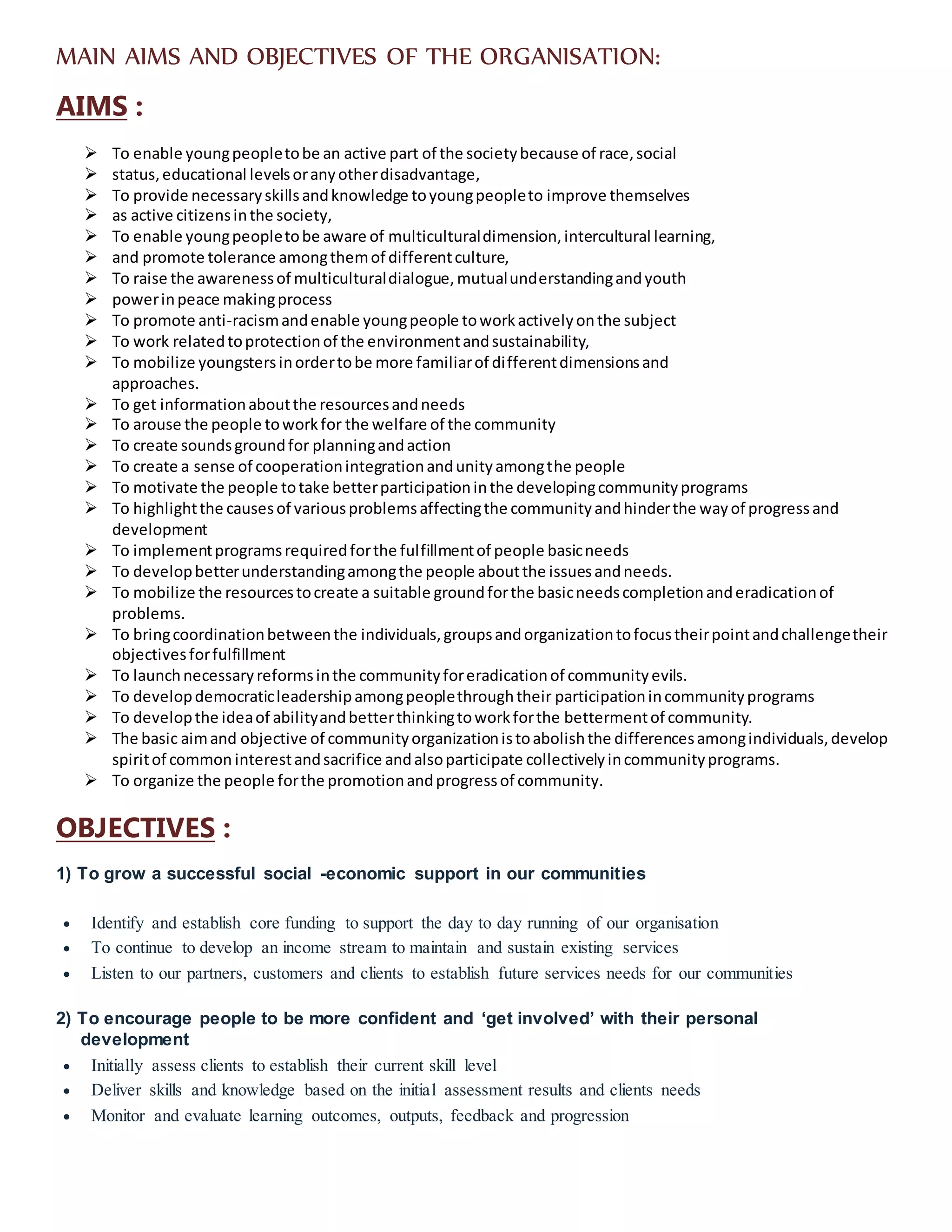 Main aims and objectives of the organisation | DOCX
