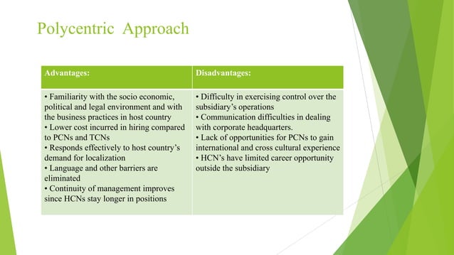 Main characteristic of the 4 approaches to international staffing | PPTX