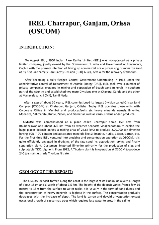 MONAZITE PROCESSING PLANT AT IREL CHATTRAPUR OVERVIEW BY JIBAN NATH ...