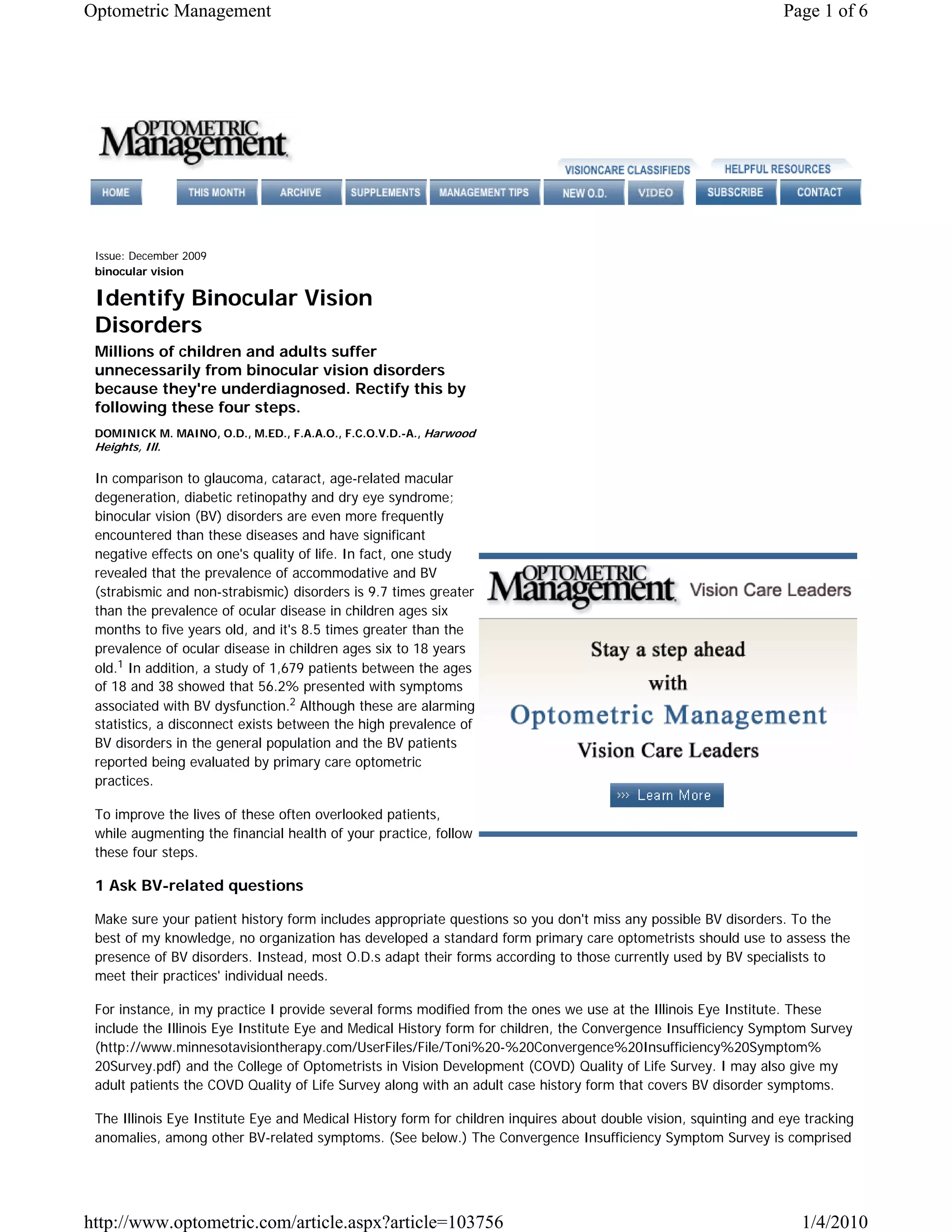 Identify Binocular Vision Disorders | PDF
