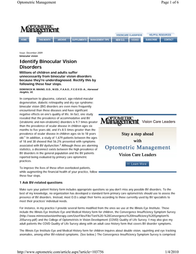 Identify Binocular Vision Disorders | PDF