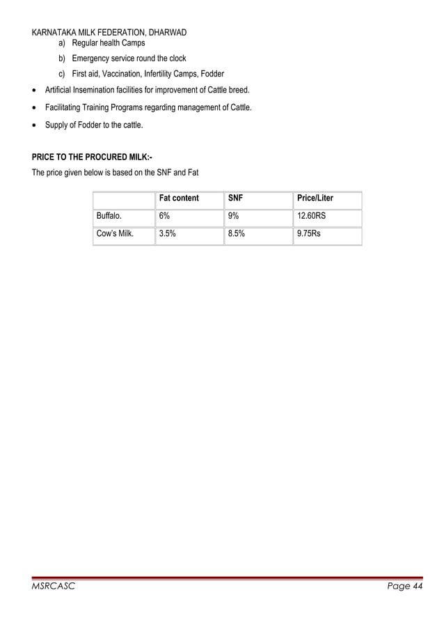 Samarth KMF dharwad project report | DOC | Agriculture | Industries