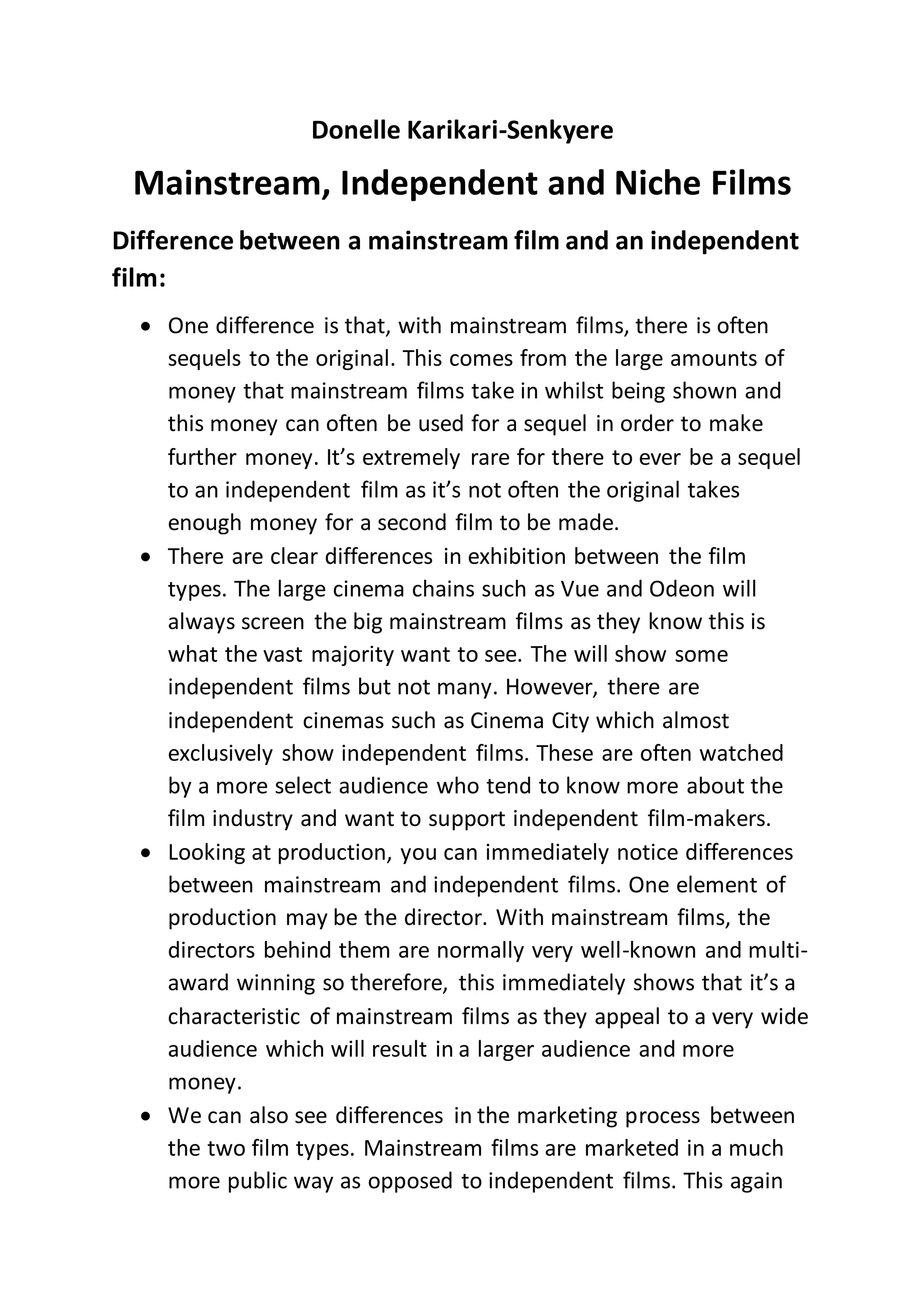 Mainstream, independent and niche film | DOCX