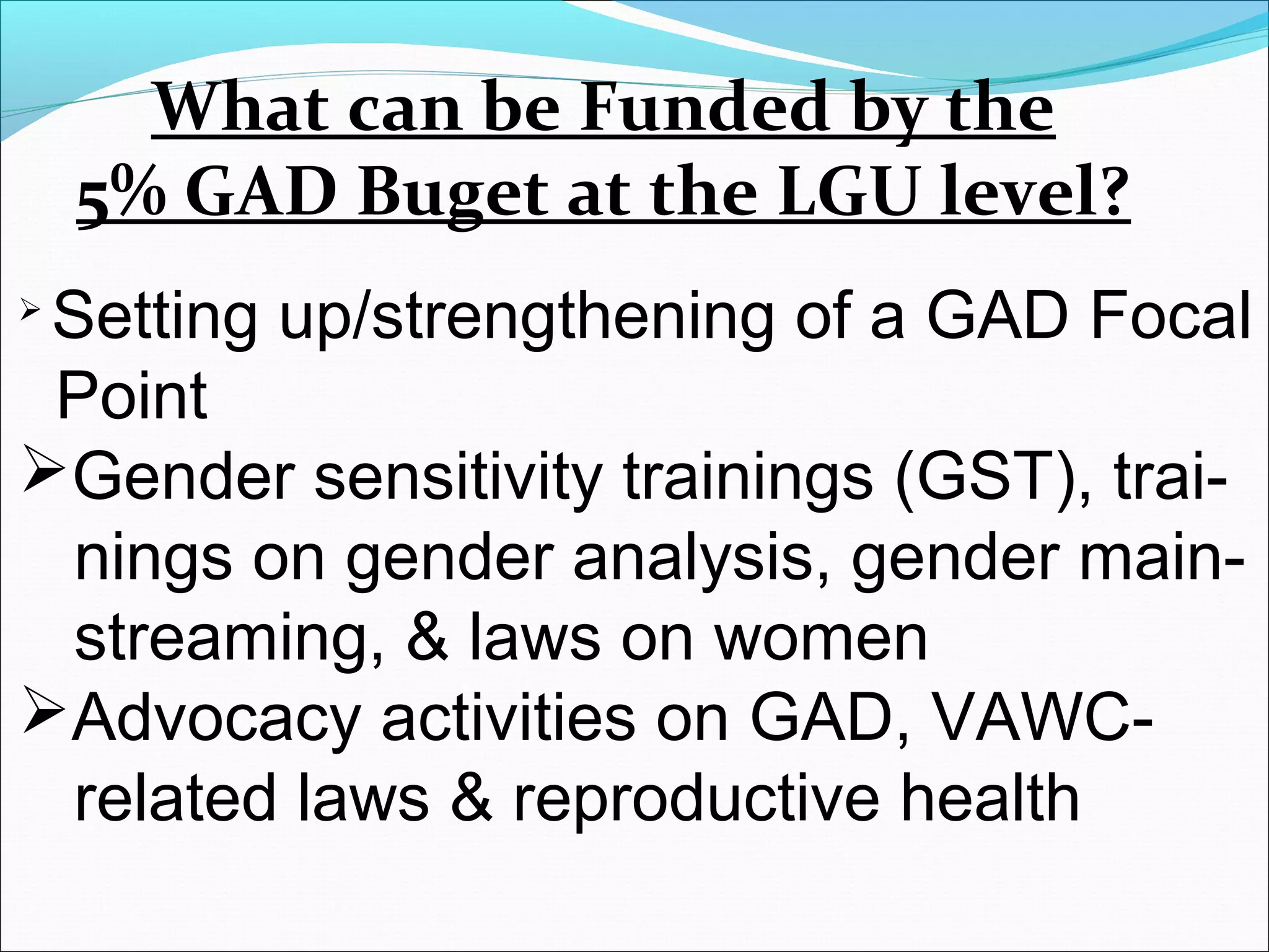 Mainstreaming gad budget presentation | PPT
