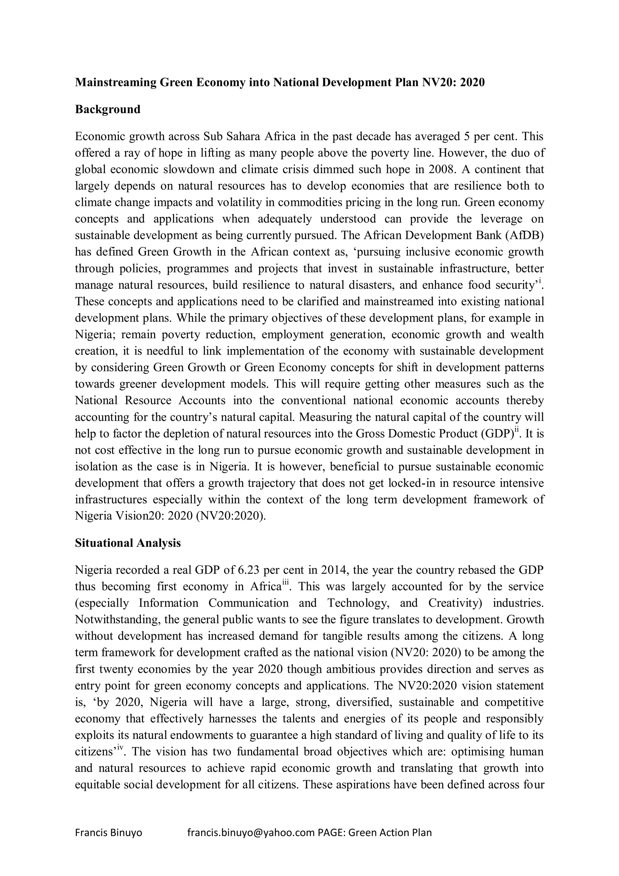 Mainstreaming green economy into national development plan nv202020 | PDF