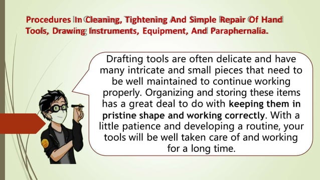 Maintain hand tools,drawing instruments equipment, and paraphernalia.pptx | Woodworking | Arts ...