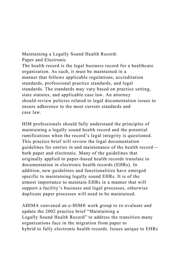 Maintaining a Legally Sound Health Record Paper and Elect.docx ...