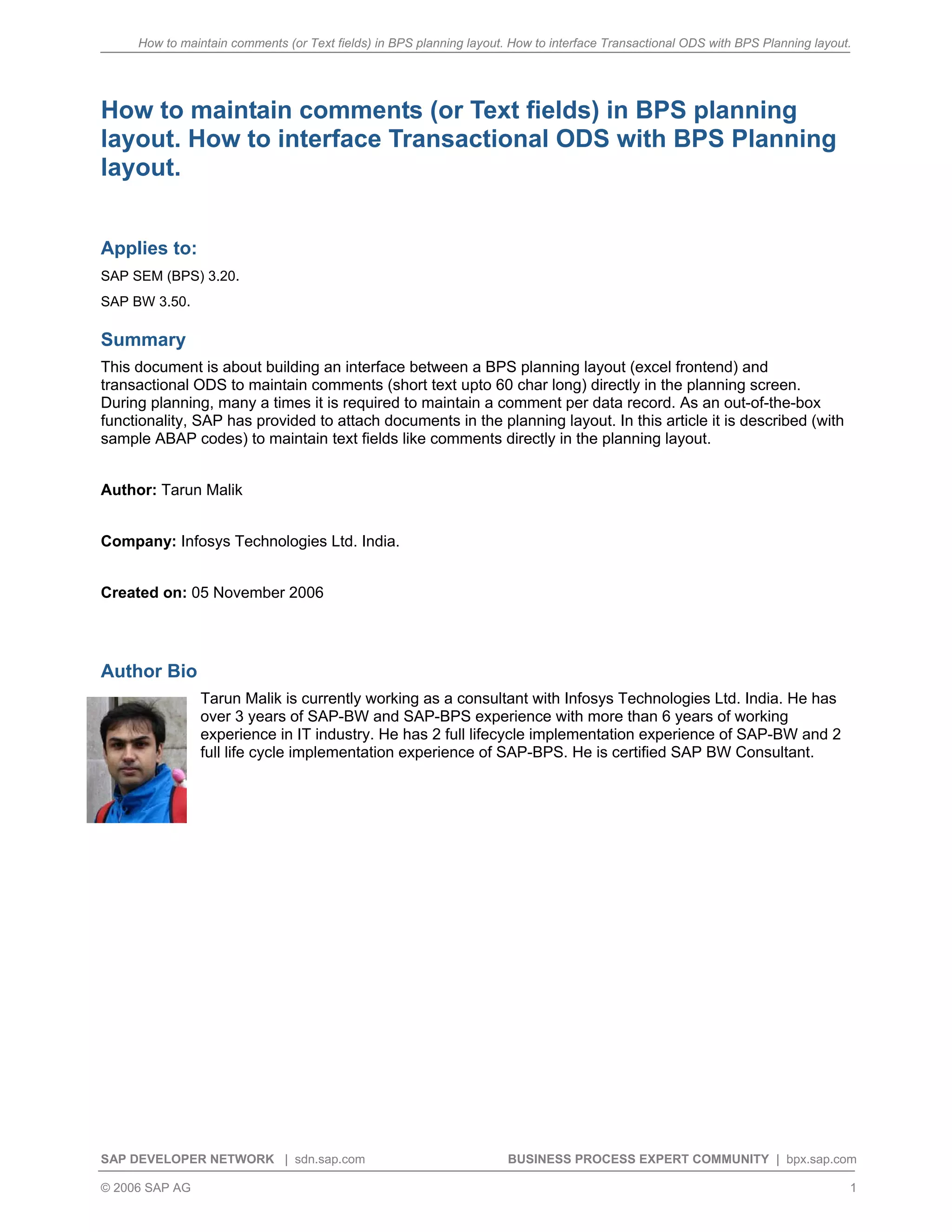 Maintaining comment fields directly in planning layouts using the ...