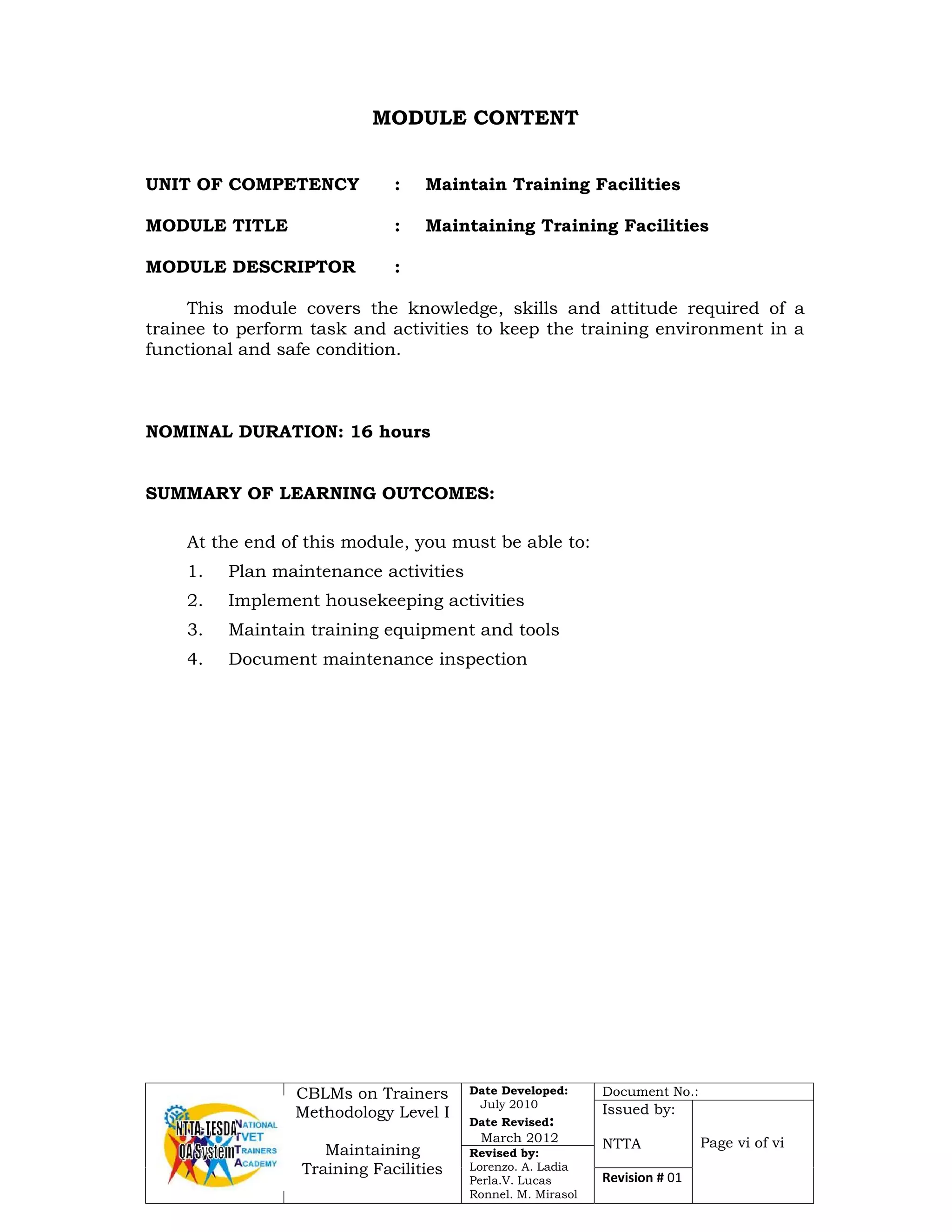 Maintain training facilities 1 | PDF